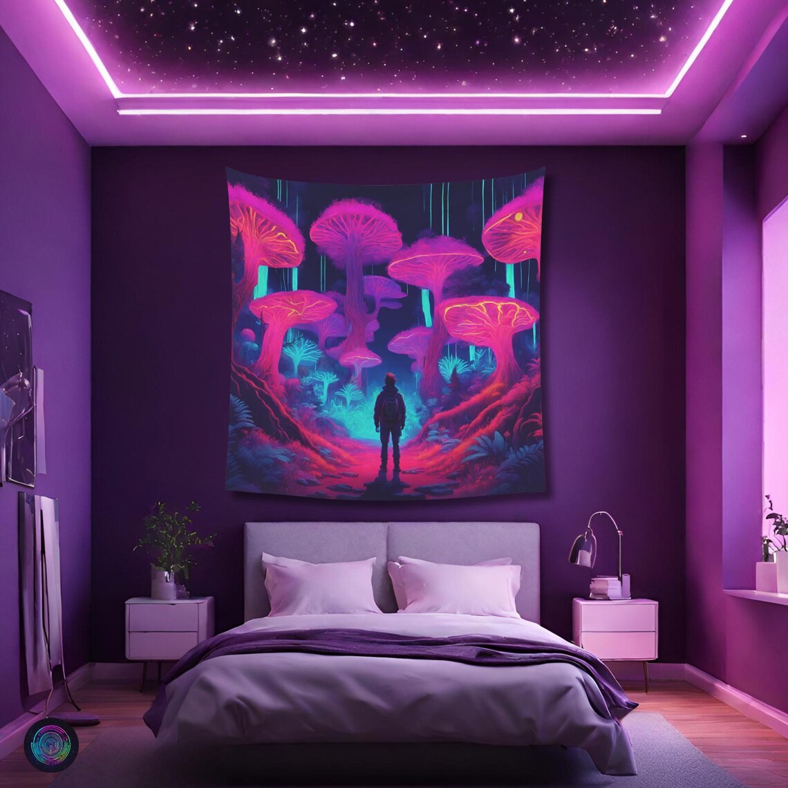 Psychedelic Floral Mushroom Forest Blacklight Reactive Tapestry ...