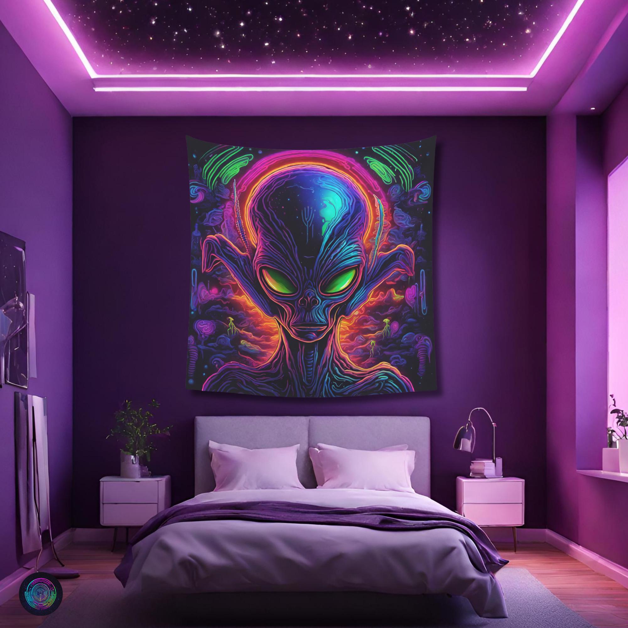 Psychedelic Alien Black Light Reactive Character Tapestry, Psytrance UV ...