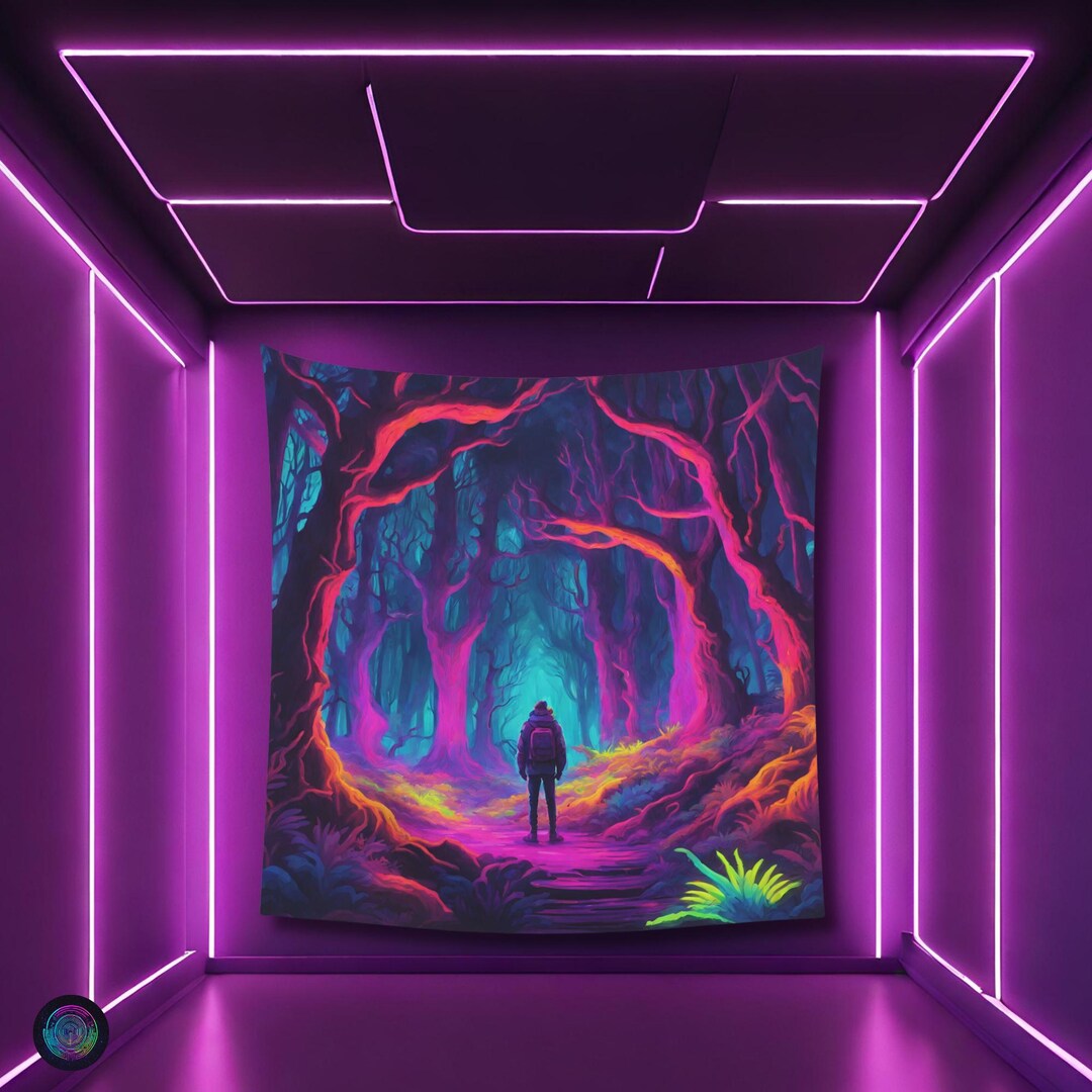 Psychedelic Mystery Forest Black Light Reactive Tapestry, Psytrance UV ...