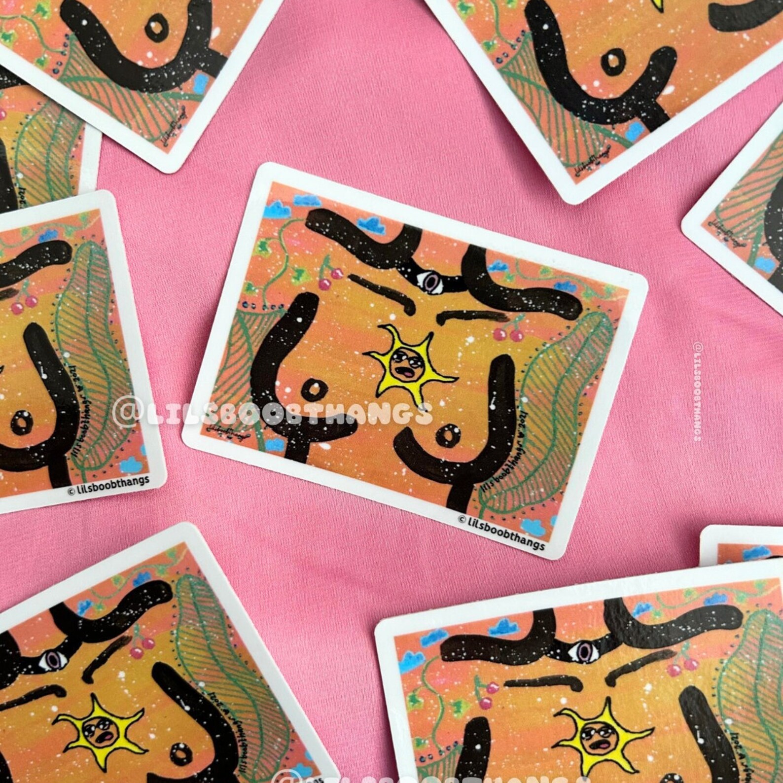 Glossy Vinyl Sticker of Original Painting Clouds, Sun, Cherries: Body ...