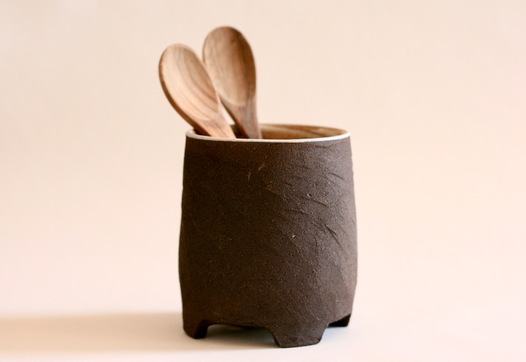 Handmade Black Ceramic Utensil Holder | Minimalist Kitchen Crock Holder ...