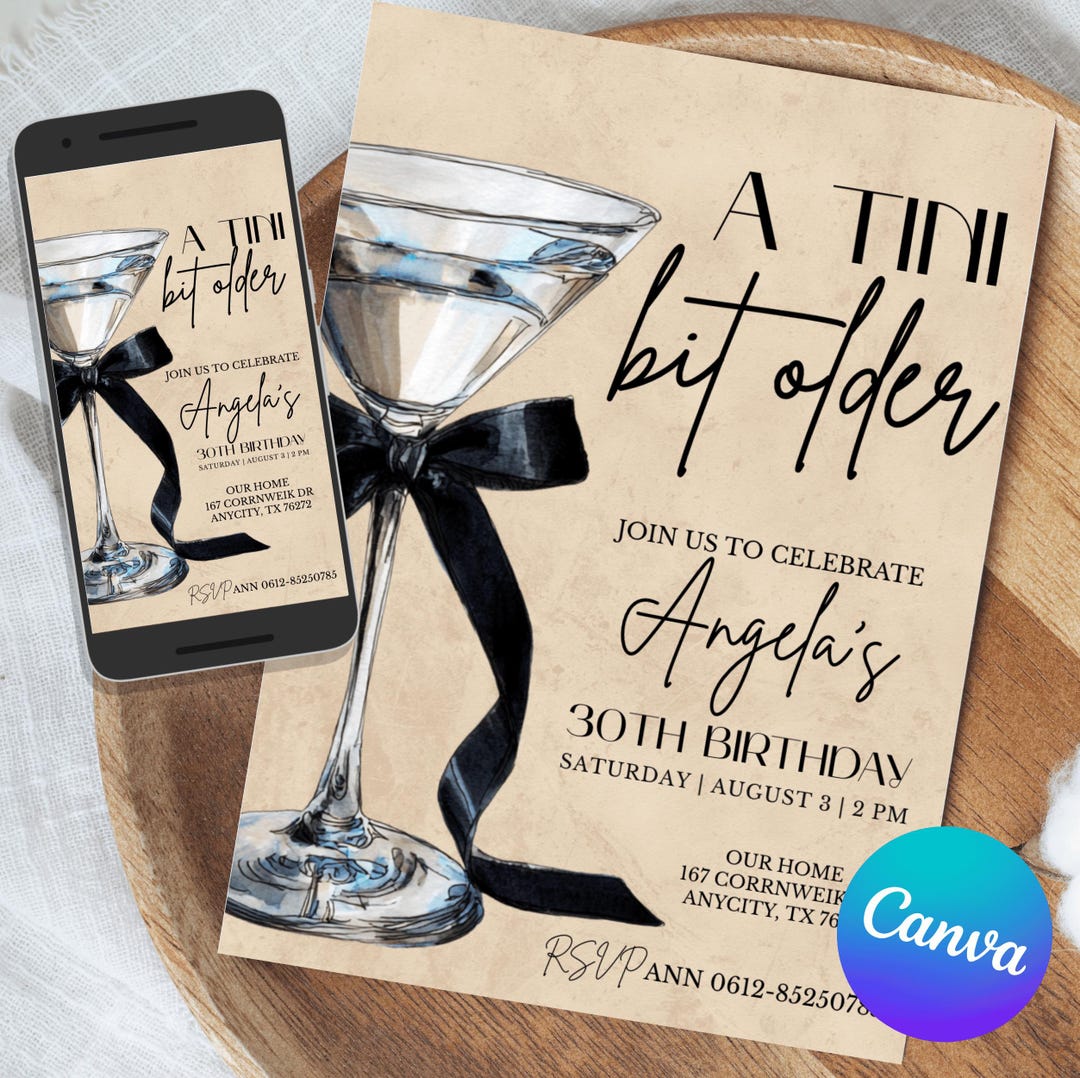 Martini Birthday Invitation, Chic Adult Party, Editable Template ...