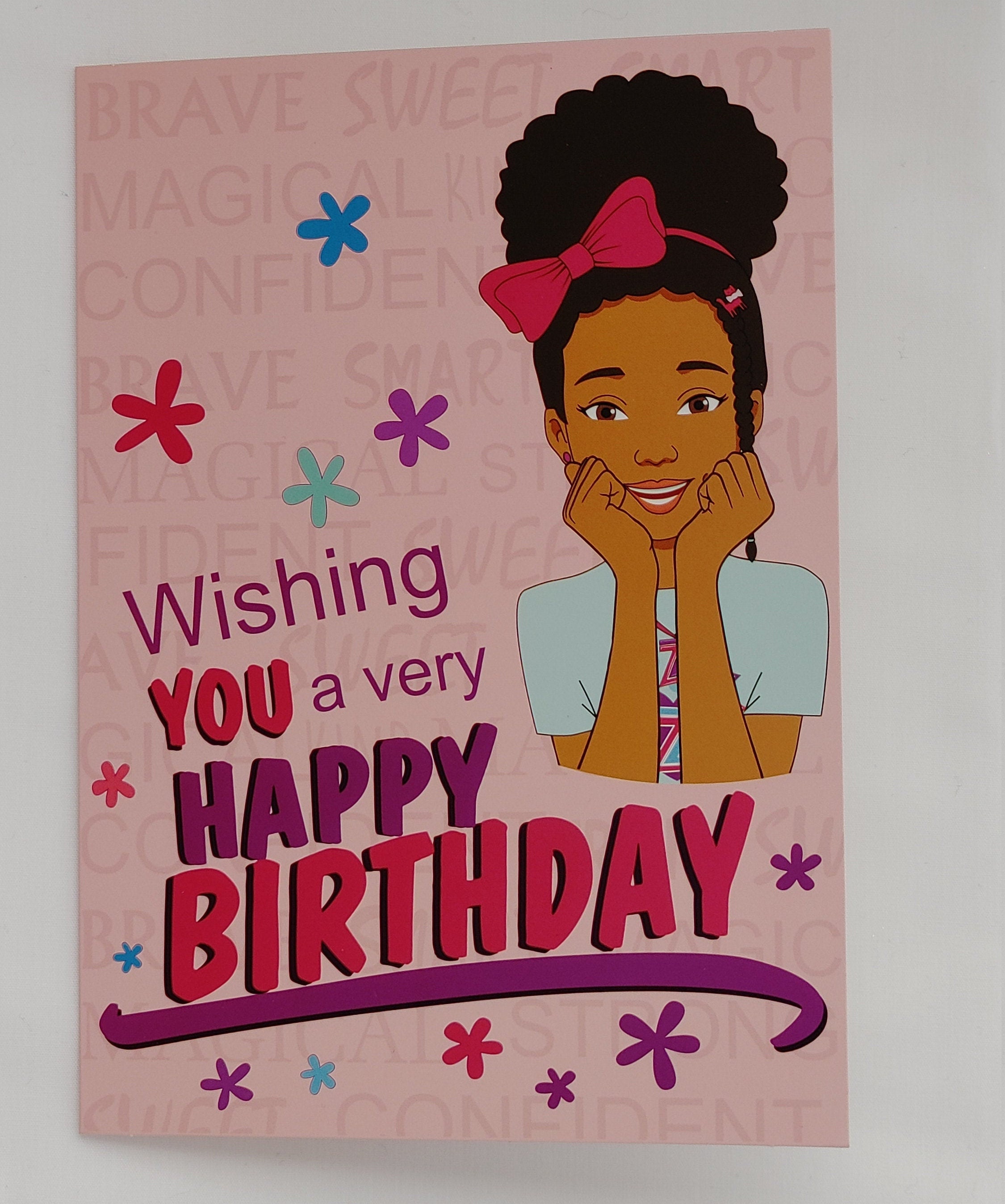 Happy Birthday Pink and Purple African American Girl Book Character ...