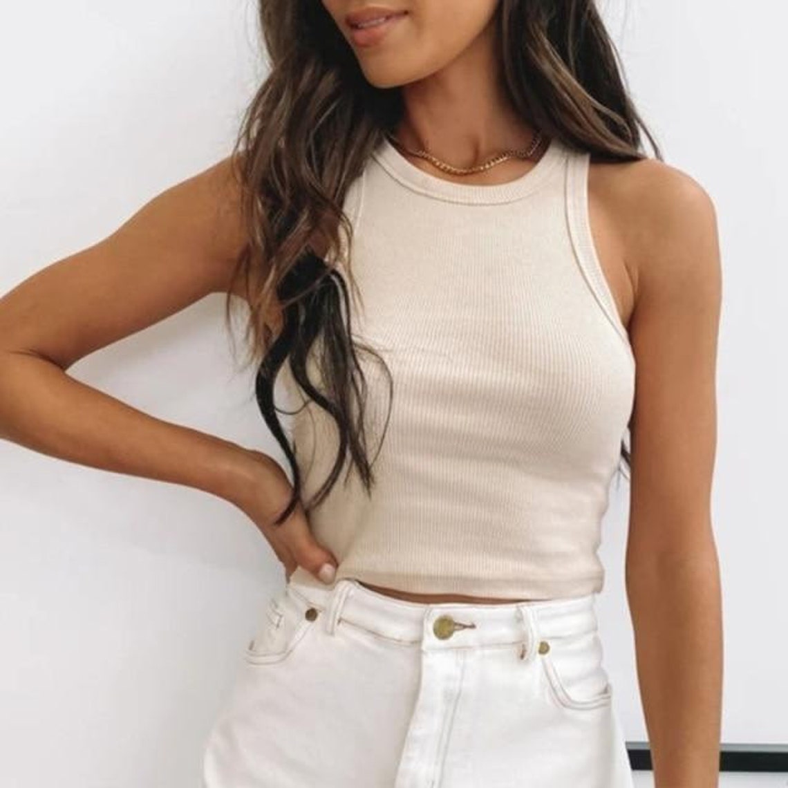 White Ribbed Cropped Tank Top | Etsy