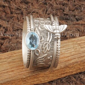 Natural Blue Topaz Silver Spinner Ring 925 Sterling Silver Faceted Cut ...
