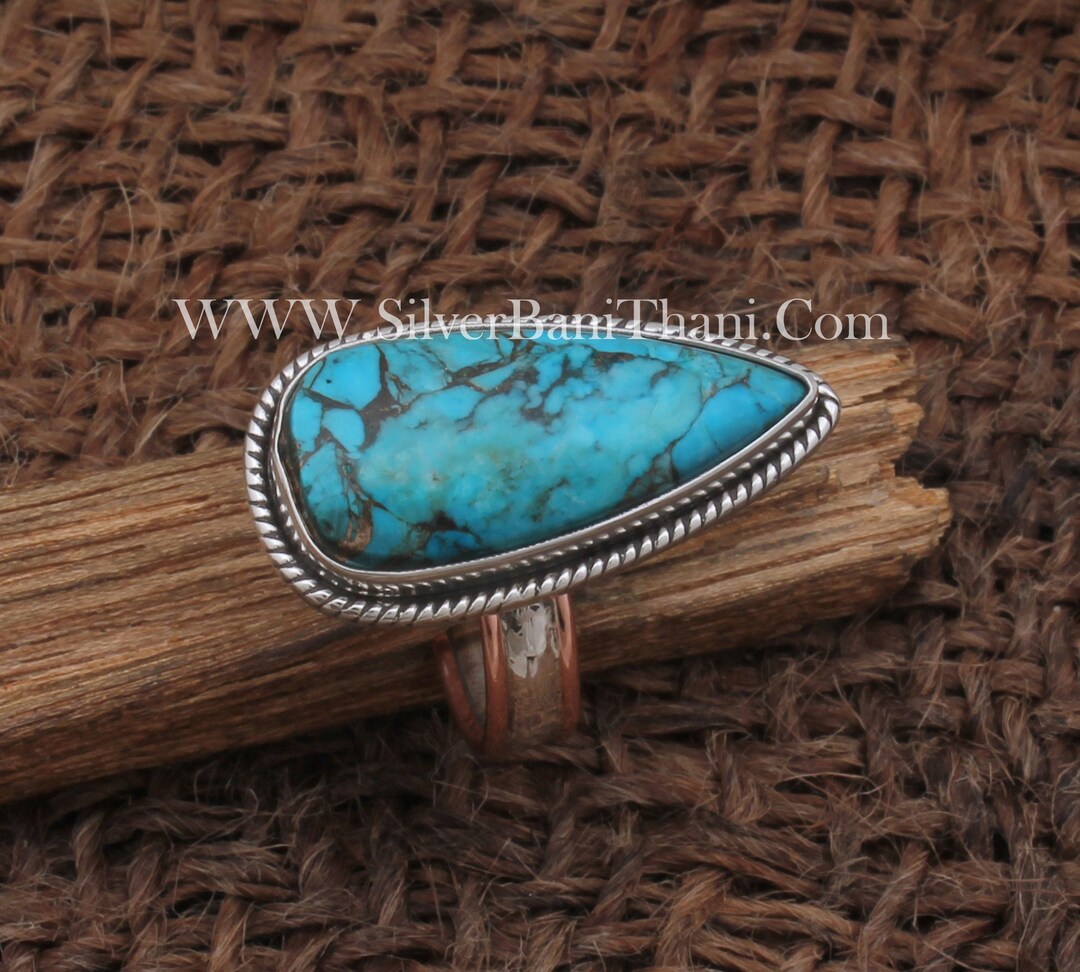 Composite Turquoise Pear Shape Gemstone Silver Ring Two Tone Band Ring ...