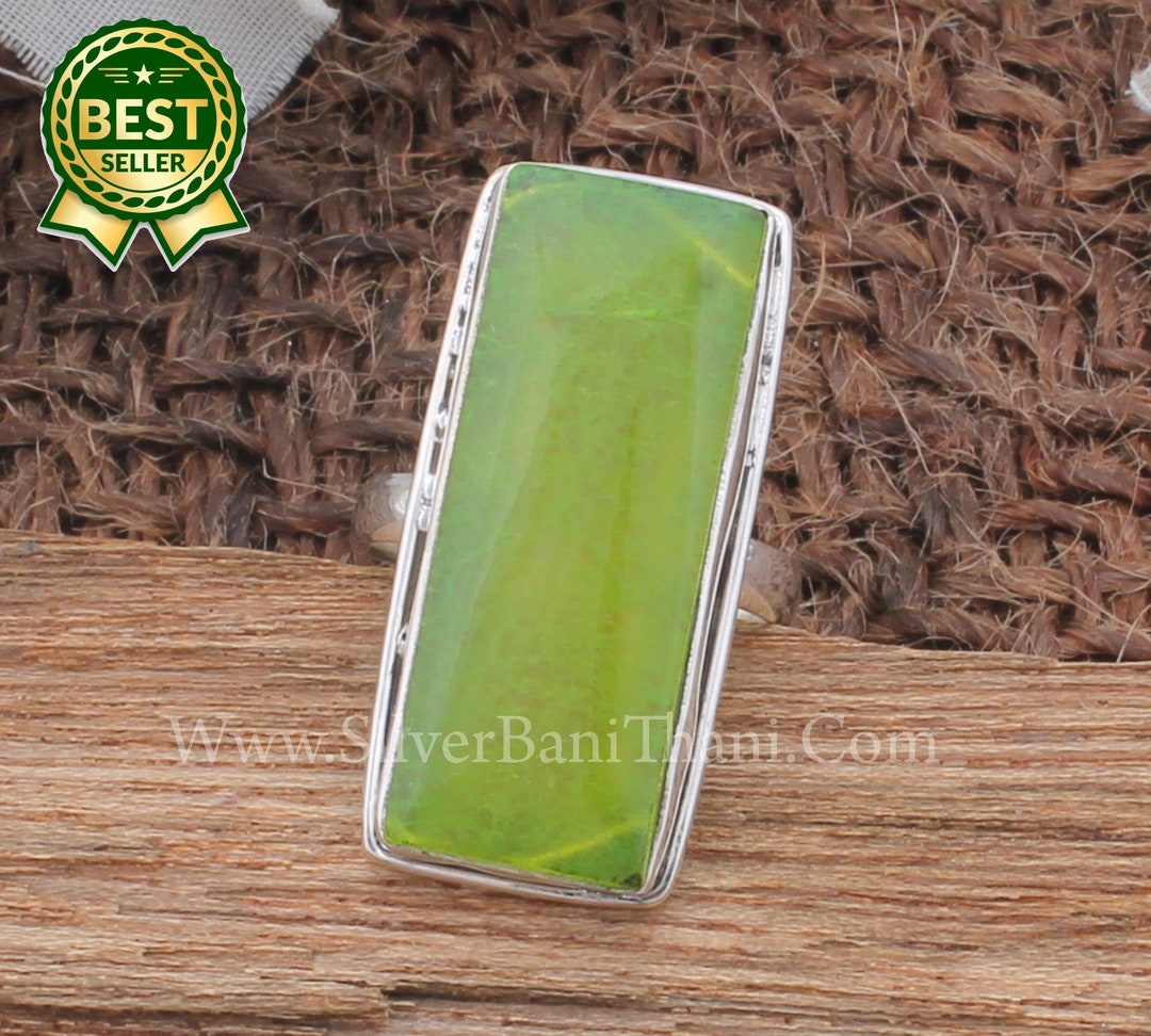 Green Jade Rectangle Shape Gemstone Silver Ring 925 Sterling - Etsy