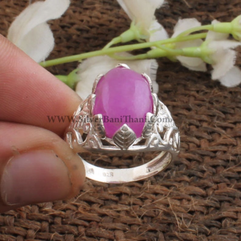 Purple Jade Gemstone Ring Vine Leaf Design Oval Stone Silver | Etsy