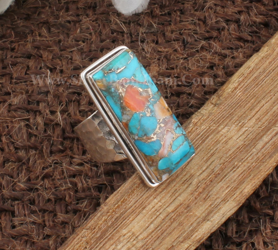 Oyster Copper Turquoise Rectangle Shape Gemstone Silver Ring | Etsy