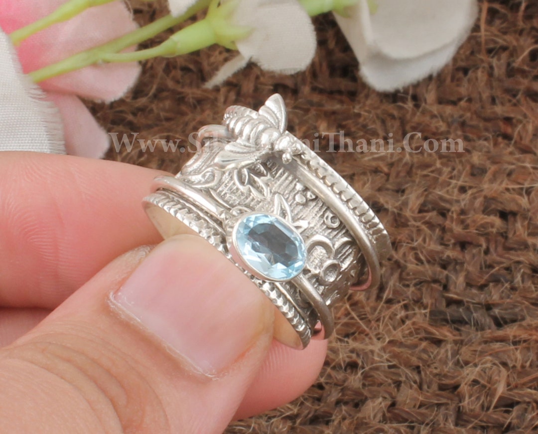 Natural Blue Topaz Silver Spinner Ring 925 Sterling Silver Faceted Cut ...