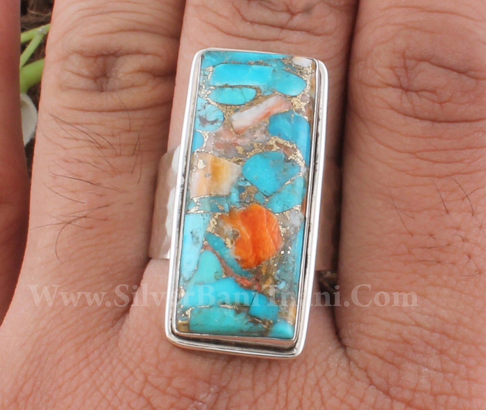 Oyster Copper Turquoise Rectangle Shape Gemstone Silver Ring - Etsy