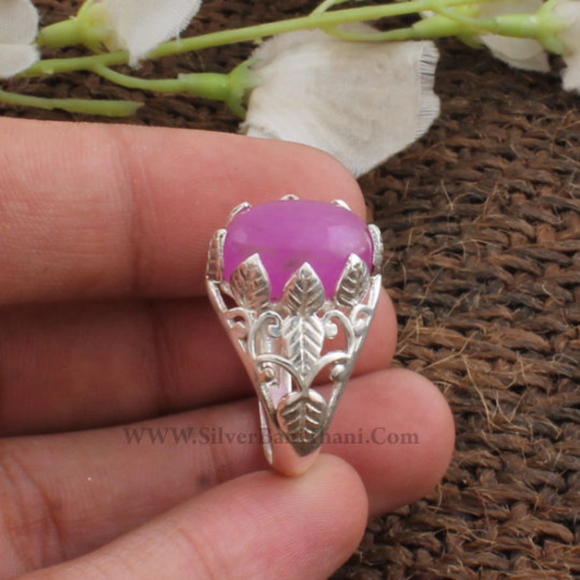 Purple Jade Gemstone Ring Vine Leaf Design Oval Stone Silver | Etsy