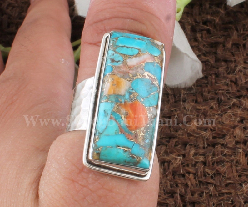 Oyster Copper Turquoise Rectangle Shape Gemstone Silver Ring - Etsy