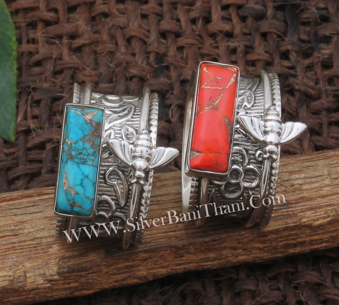Blue & Orange Composite Turquoise Bar Cut Stone Spinner Ring 925 ...