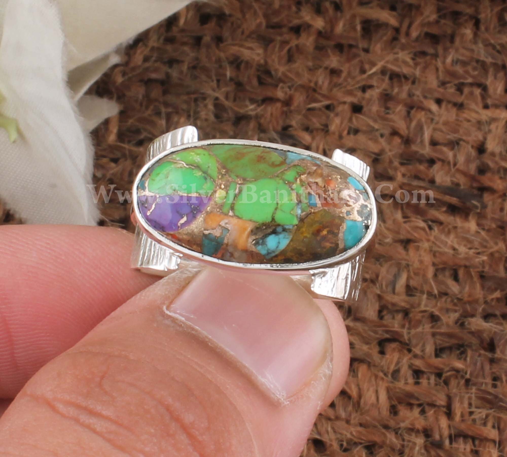 Two Tone Mix Copper Turquoise Gemstone Silver Textured Band - Etsy