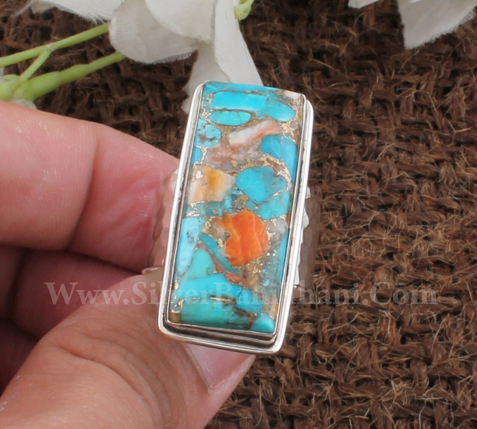 Oyster Copper Turquoise Rectangle Shape Gemstone Silver Ring - Etsy