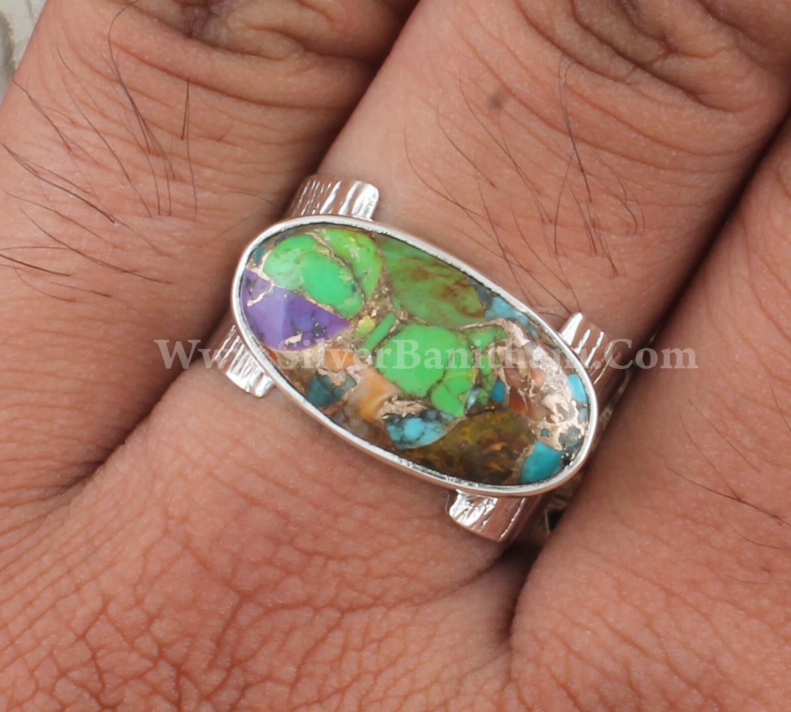 Two Tone Mix Copper Turquoise Gemstone Silver Textured Band - Etsy