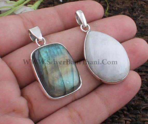 Rainbow Moonstone Pendant Sterling Silver Rustic Flashy | Etsy