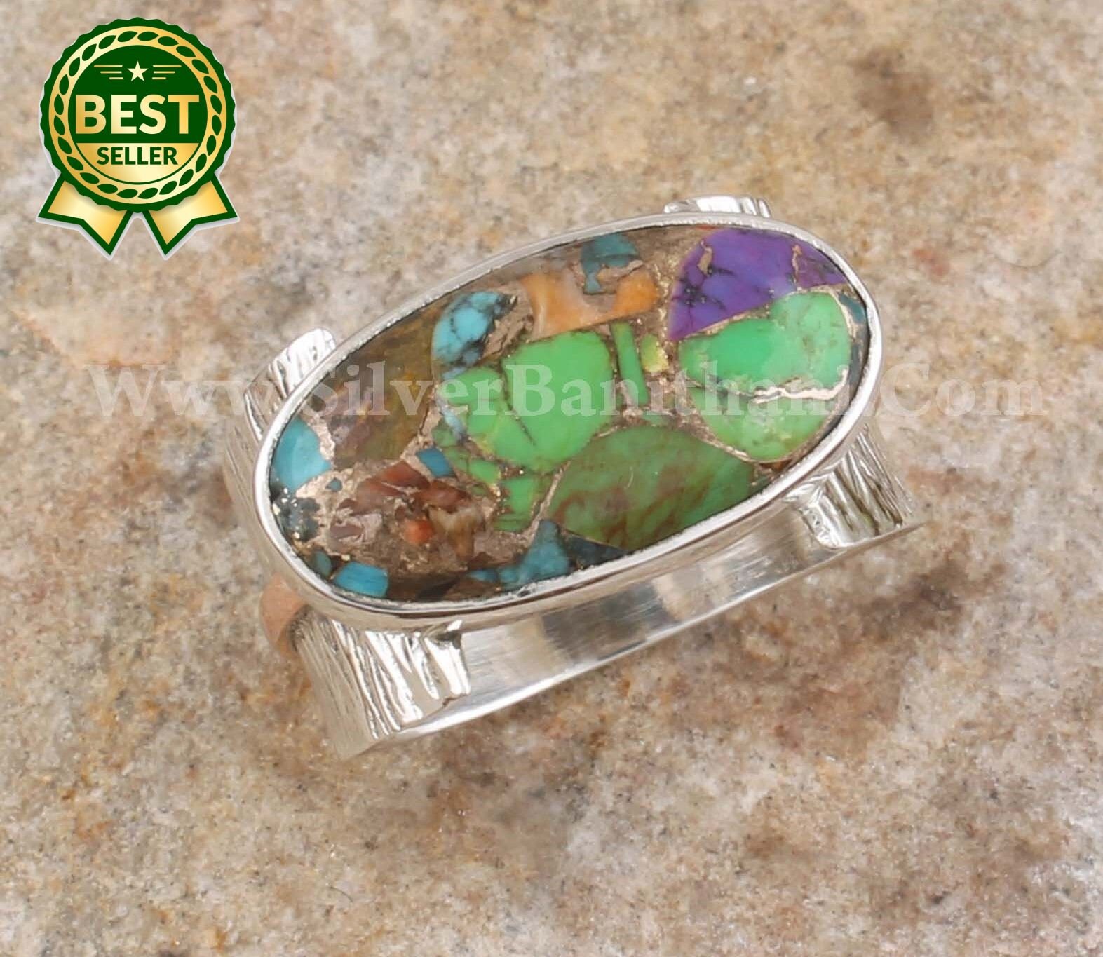 Two Tone Mix Copper Turquoise Gemstone Silver Textured Band - Etsy