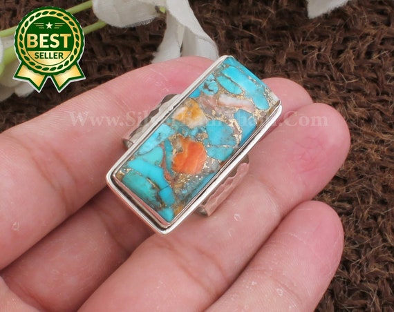 Oyster Copper Turquoise Rectangle Shape Gemstone Silver Ring - Etsy