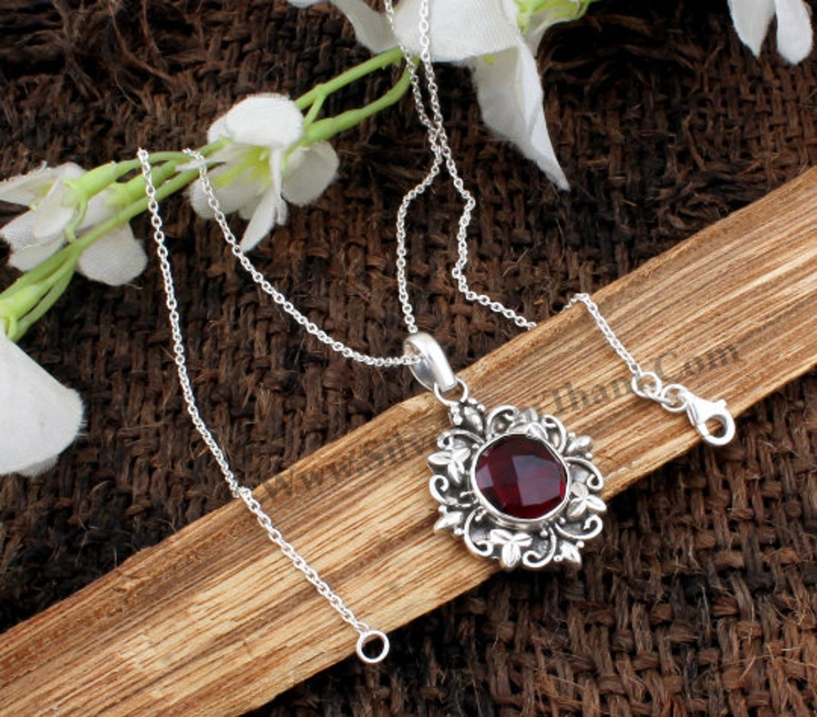 Red Garnet Quartz Gemstone Necklace Pendant 925 Sterling | Etsy