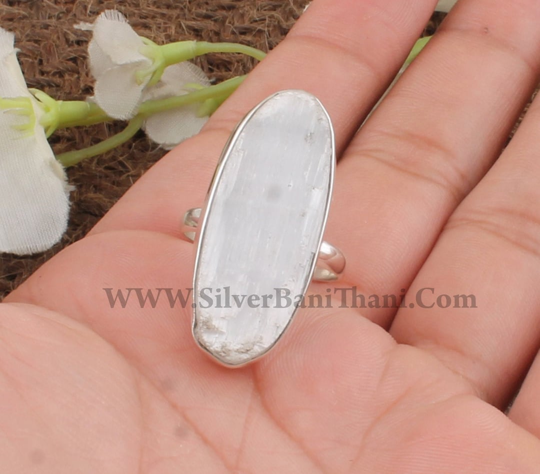 925 Sterling Silver Natural Selenite Gemstone Ring Designer Oval Shape ...