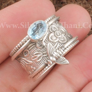 Natural Blue Topaz Silver Spinner Ring 925 Sterling Silver Faceted Cut ...