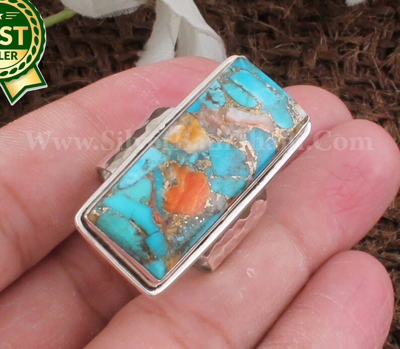 Oyster Copper Turquoise Rectangle Shape Gemstone Silver Ring - Etsy