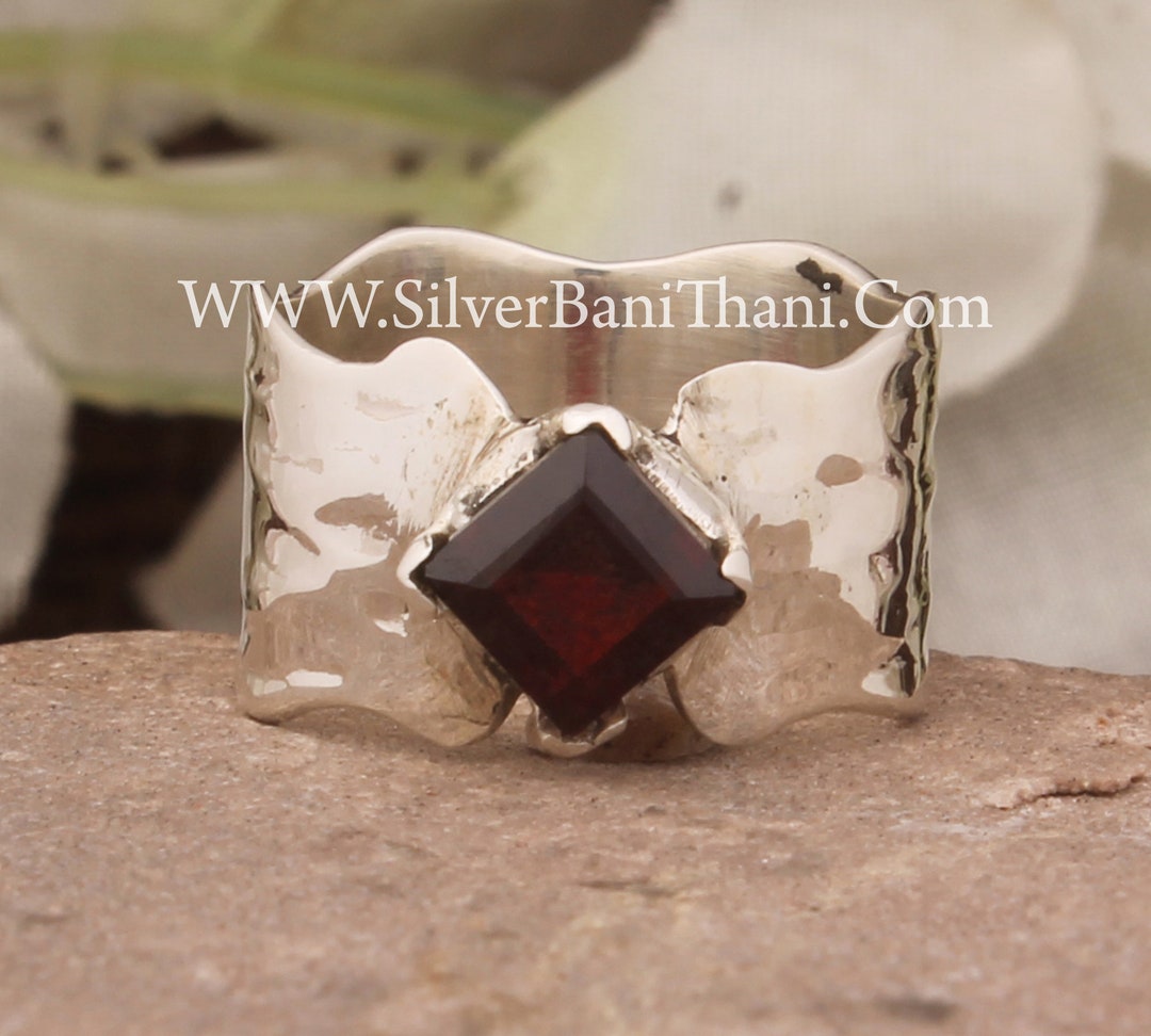 Red Garnet Squire Cut Solid 925 Sterling Silver Ring for Women Wave ...