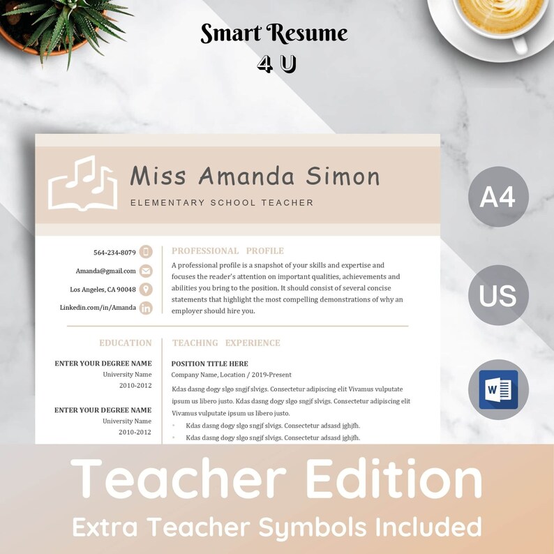 Teacher Resume Template Word & Mac, Educator Resume+cover Letter ...