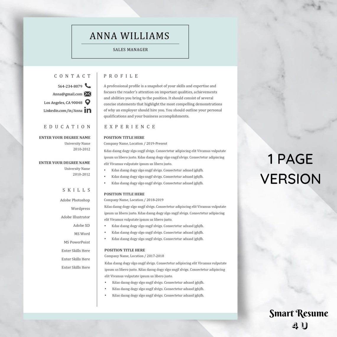 Mint Resume Template for Word |1,2,3 Page Resume With Cover Letter for ...