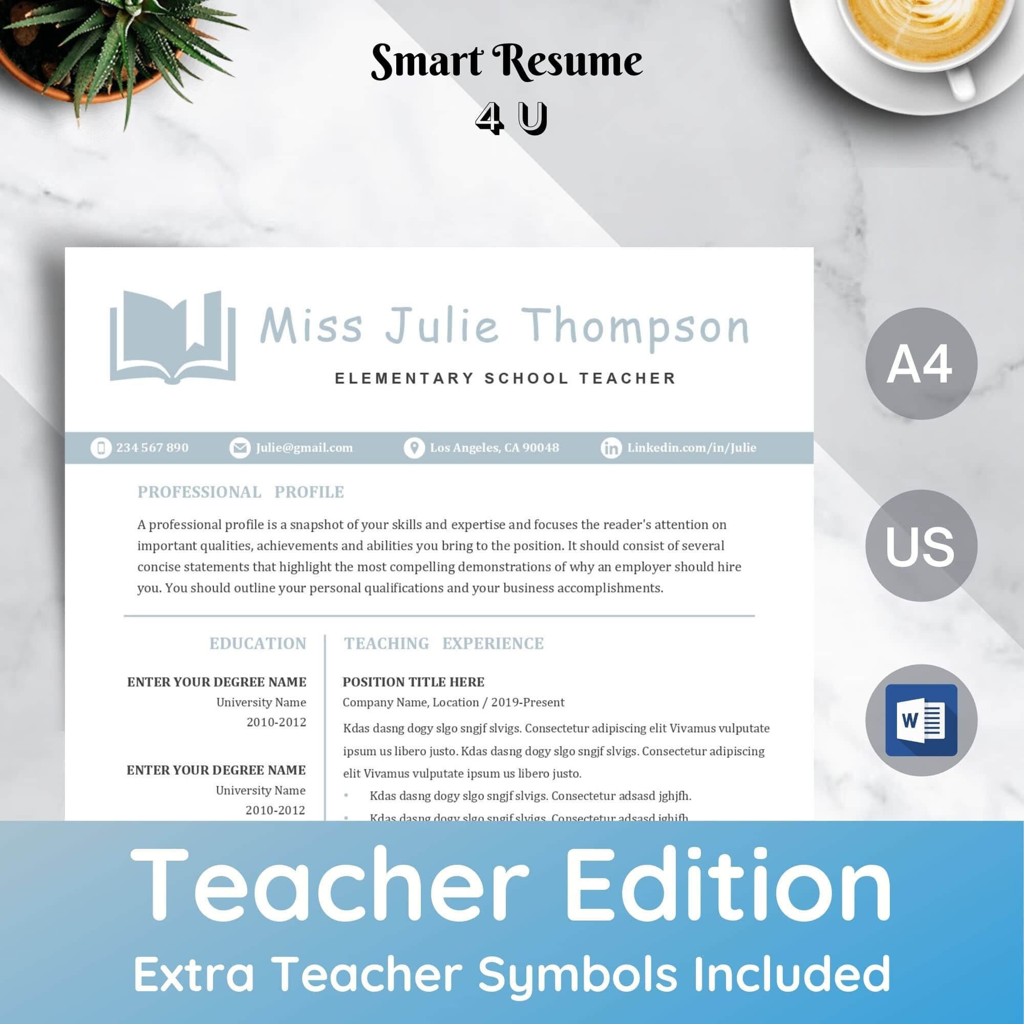 2020 Teacher Resume Template Word, Creative Teacher CV Template, 1-3 ...