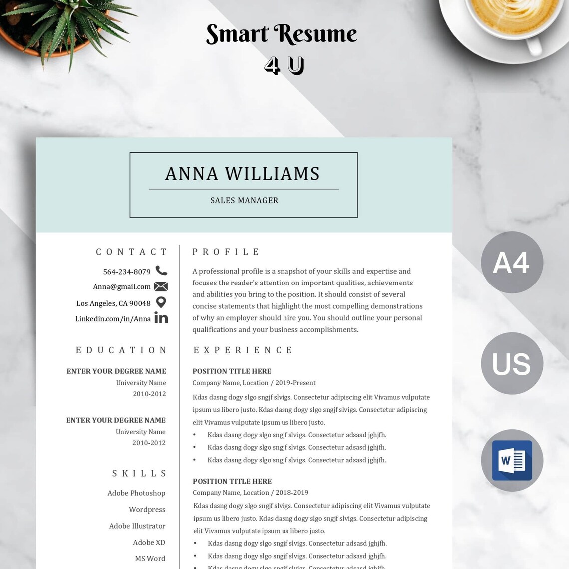 Mint Resume Template for Word |1,2,3 Page Resume With Cover Letter for ...