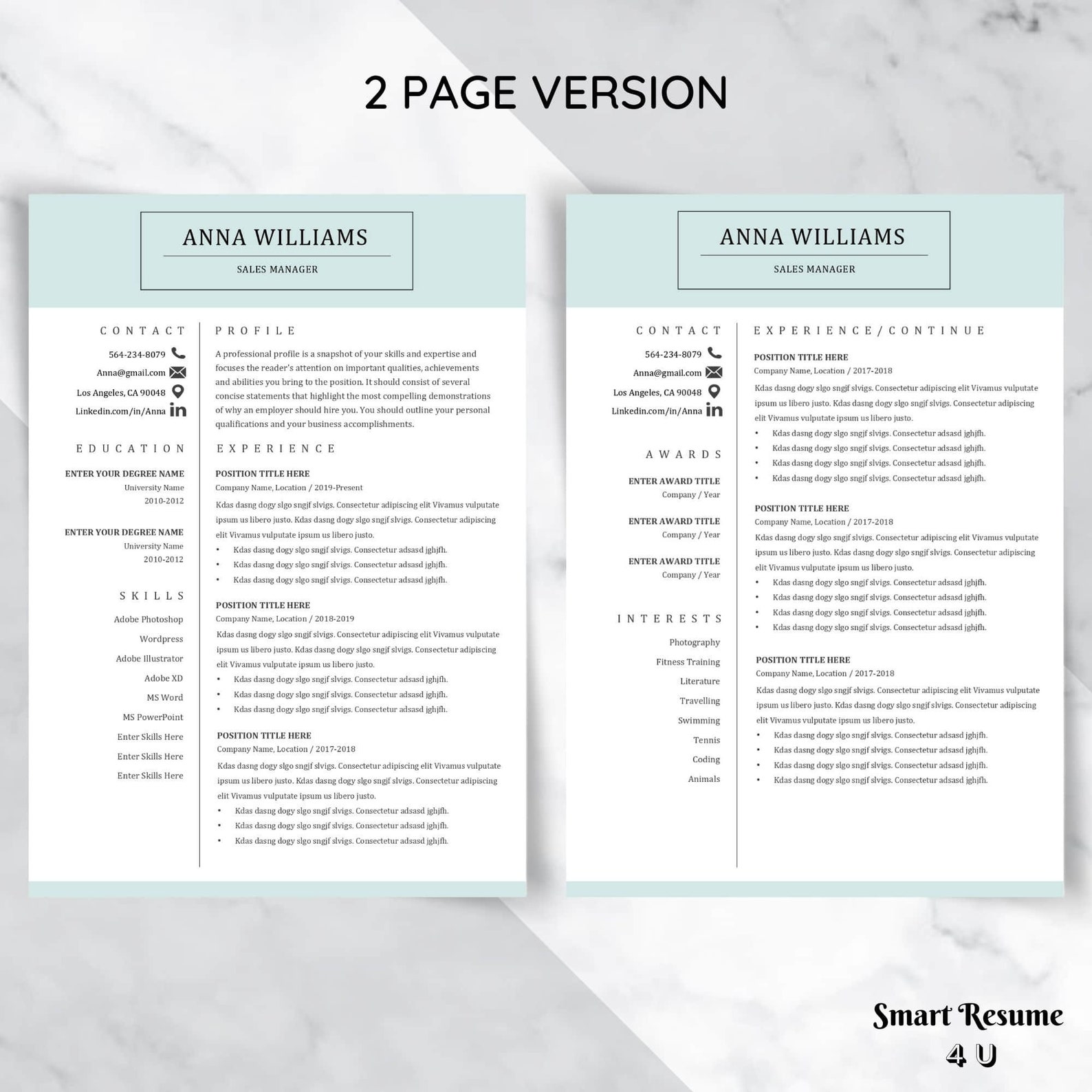 Mint Resume Template for Word |1,2,3 Page Resume With Cover Letter for ...