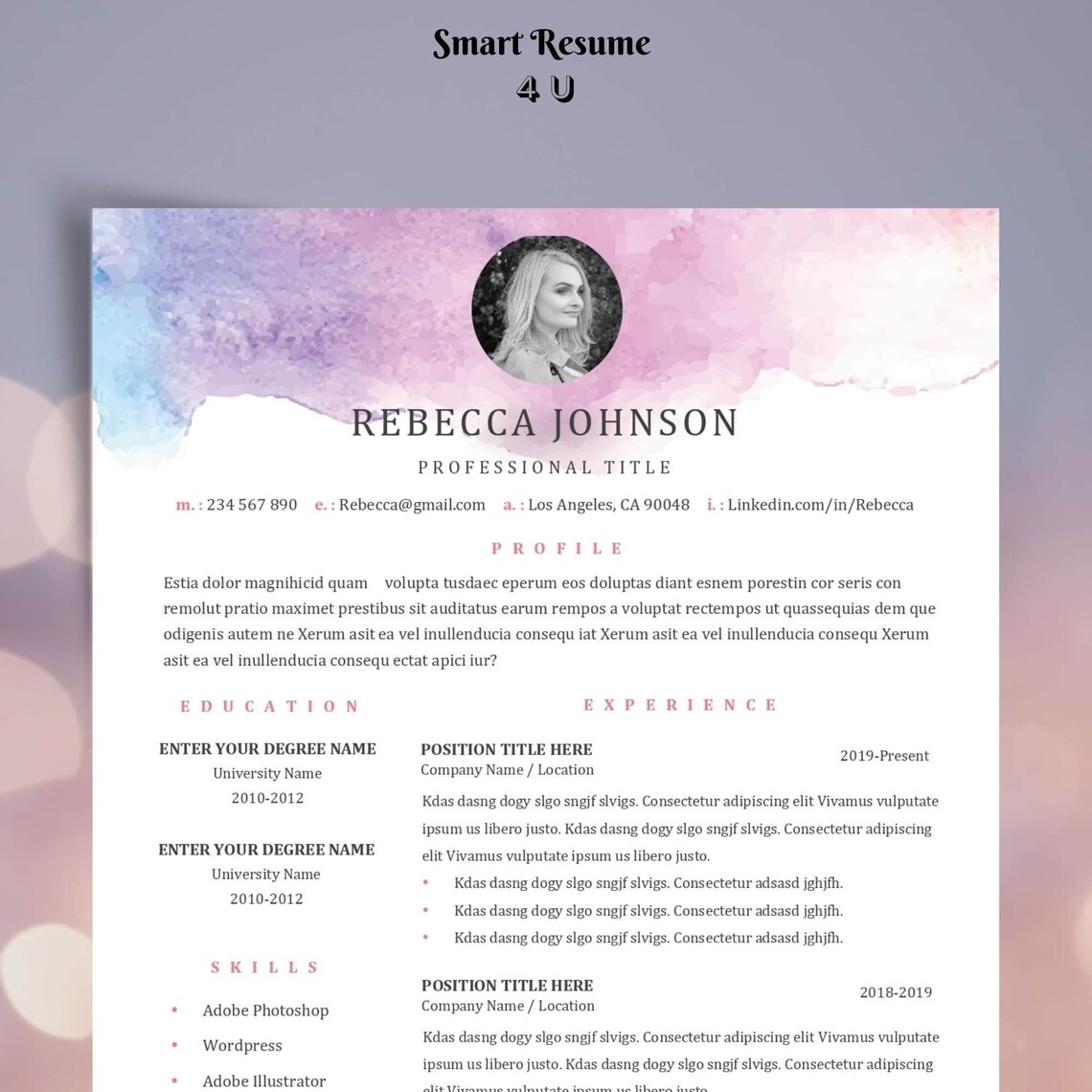 Feminine Resume Template Word & Mac, Creative CV Template, Photo Resume ...