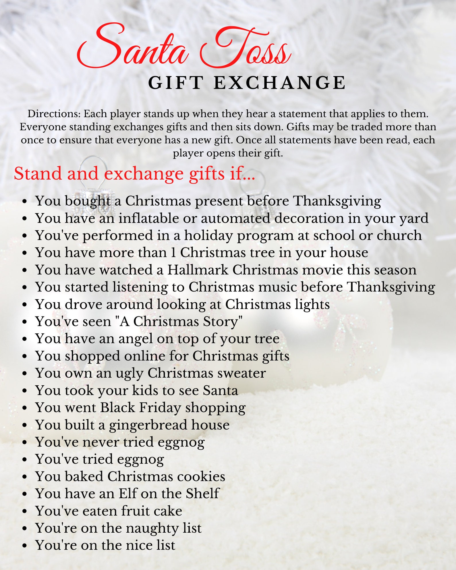 Santa Toss Gift Exchange Printable, White Elephant Gift Exchange Game ...