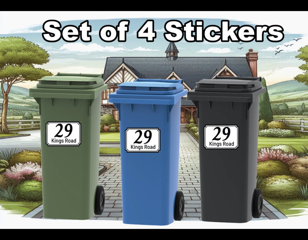 4x Waterproof Wheelie Bin House Numbers Vinyl Stickers Dustbin White ...
