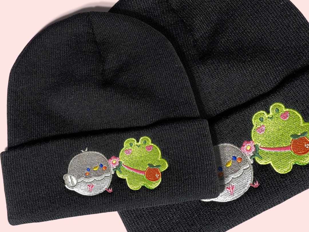 Blooming Together | Embroidered Black Beanie | Cute Frog Pigeon Beanie ...