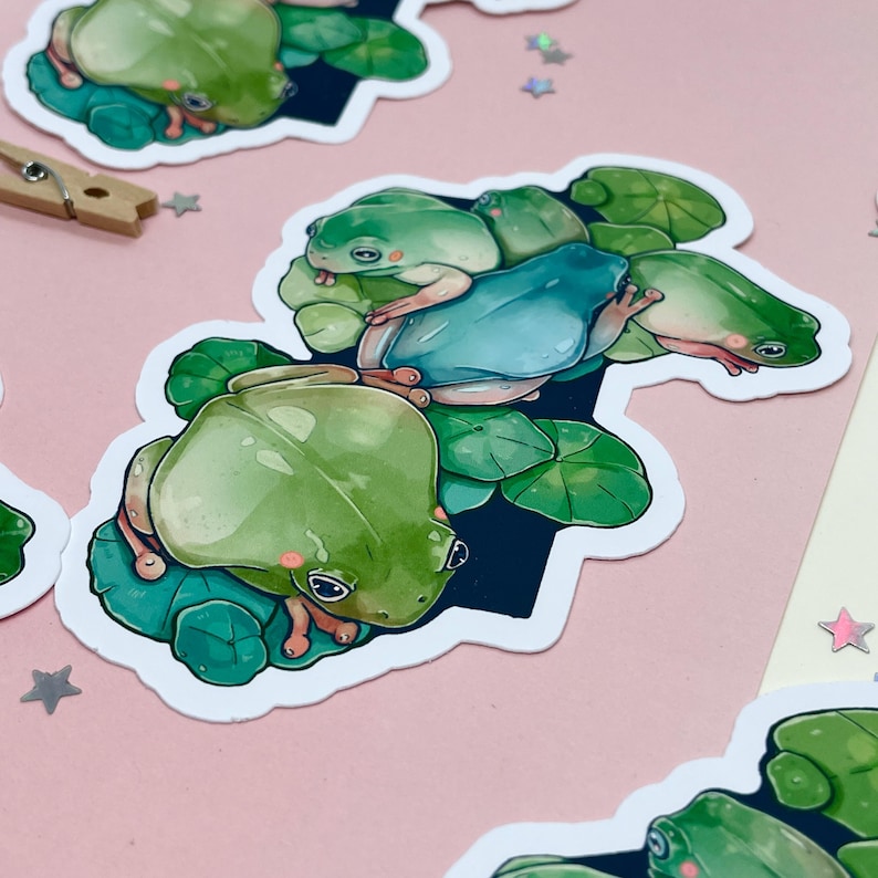 Frog Pile Vinyl Big Sticker Cute Green Frogs on Lily Pads Waterproof ...