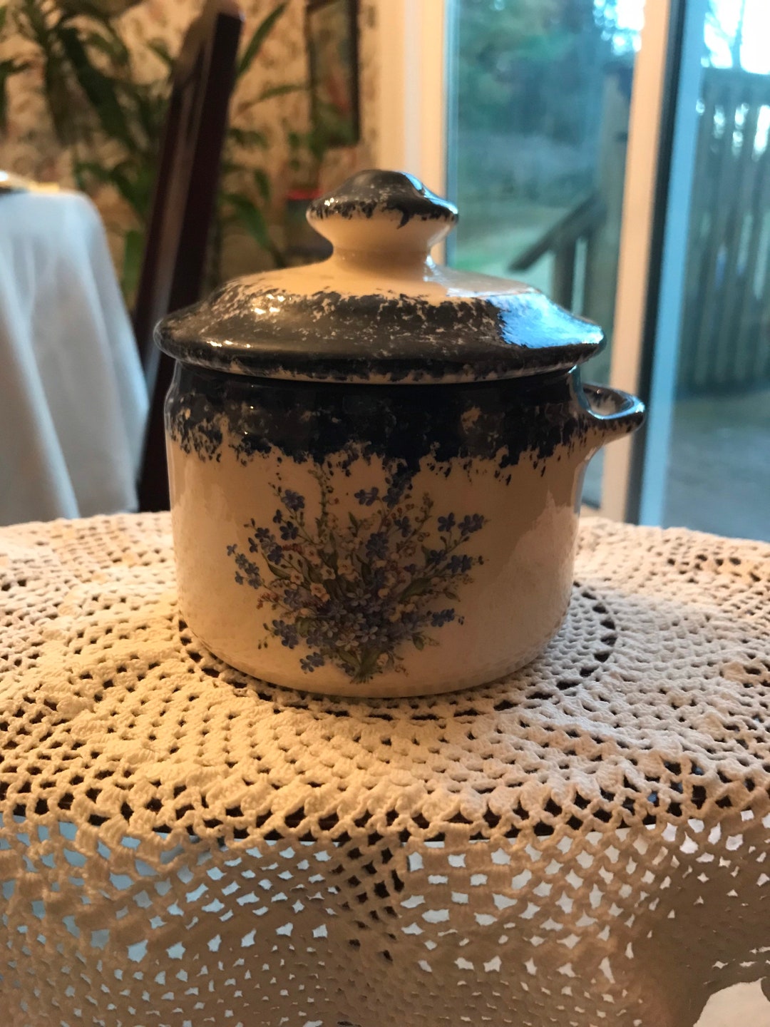 A Navy Blue and Cream Colored Hand Crafted Ceramic Jar With Handle and ...
