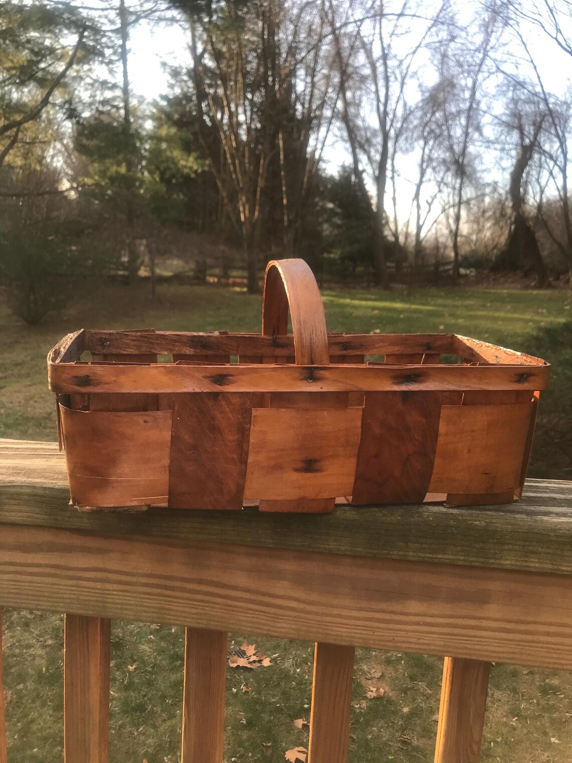 Rare Vintage Shellacked Split Wood Rustic Farmhouse Basket With Handle ...