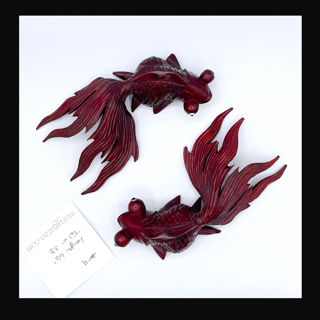 Rosewood Hand Carved Koi Fish Set, Feng Shui, Yina and Yang, Vintage ...
