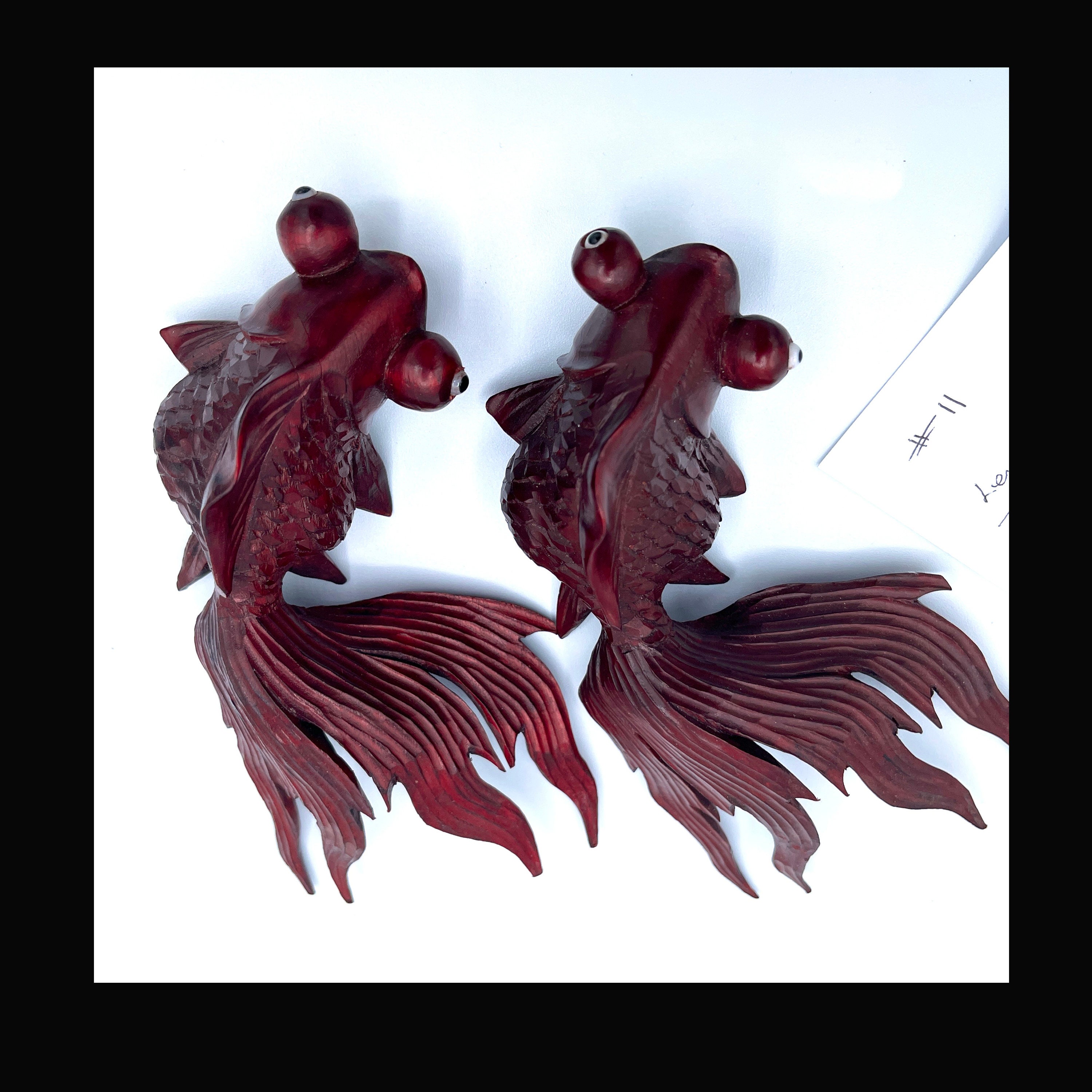 Rosewood Hand Carved Koi Fish Set, Feng Shui, Yina and Yang, Vintage ...