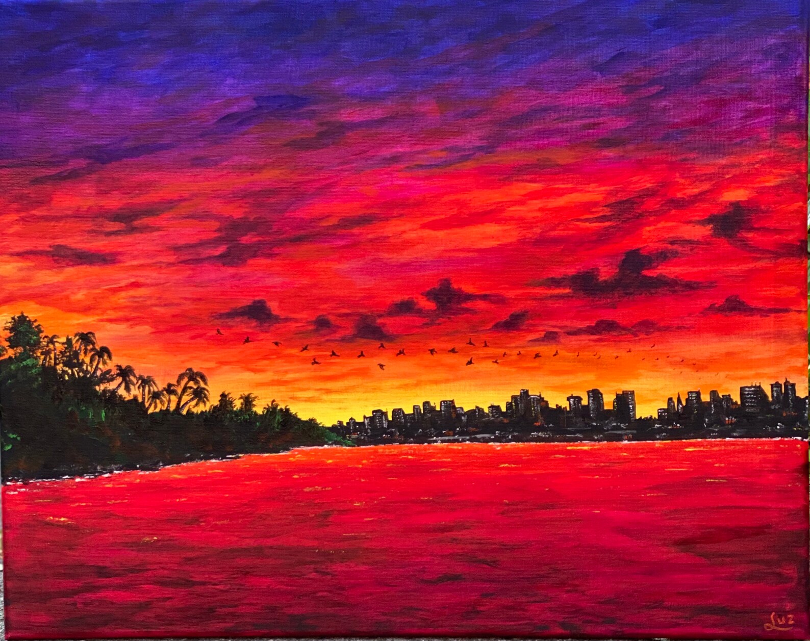 Colourful Sunset Painting on Canvas, Miami View, Original Artwork ...