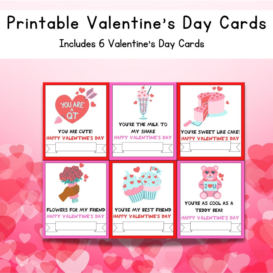 Printable Valentine's Day Cards for School, Kids Holiday, Red and Pink ...