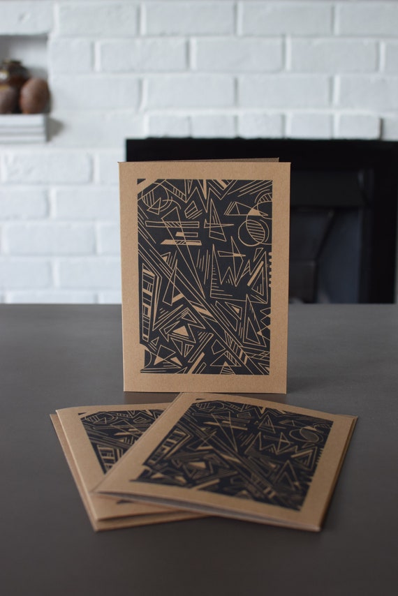 Funky lines // Trio // Lino Print 5'x7' Greeting Cards - Etsy.de