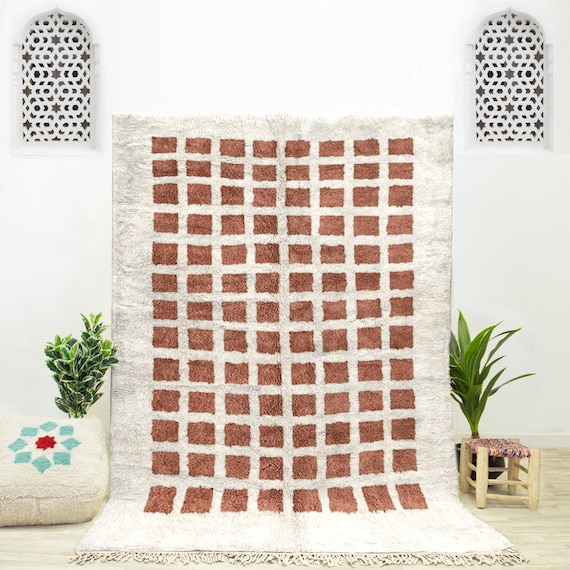 Brown and White Checkered Rug Moroccan Rug Shag Rug Beni - Etsy