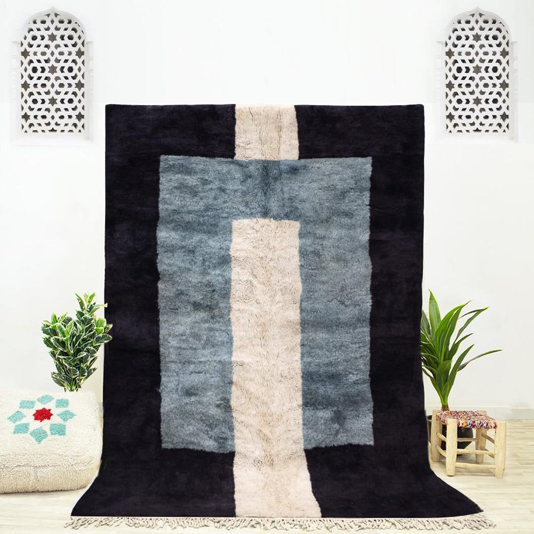 Black Abstract Rug, Modern Moroccan Rug, Black Beni Rug, 8x11 Bedroom ...