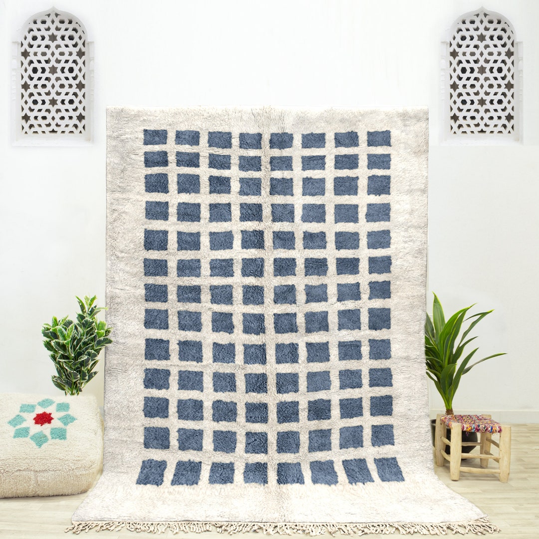 Blue and White Checkered Rug, Beni Ourain Rug 100% Handmade Berber Wool ...
