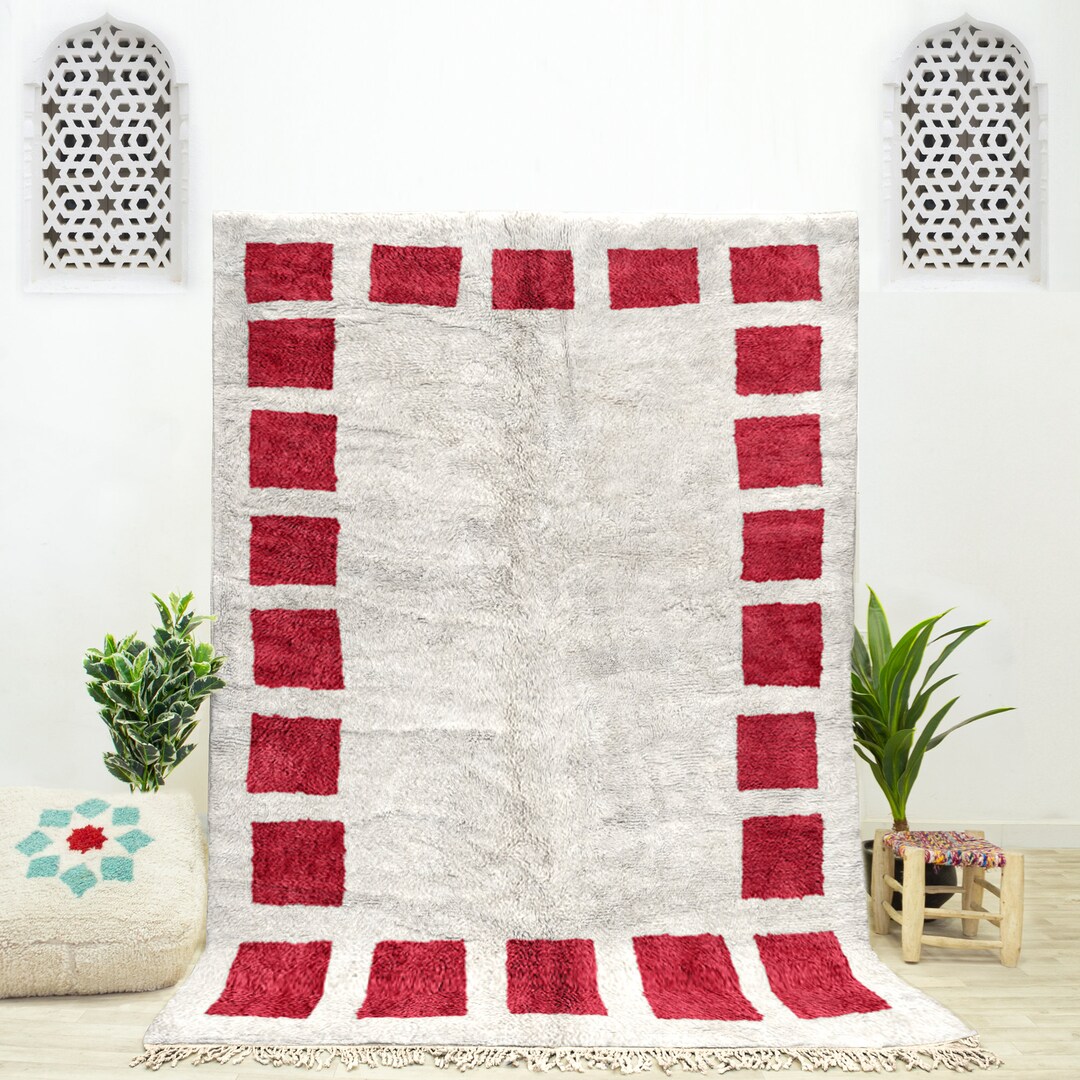 Red and White Checkered Area Rug, Custom Moroccan Shag Rug for Living ...